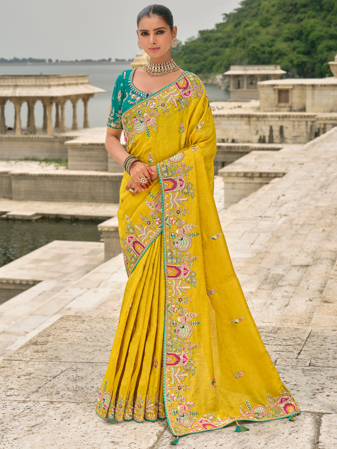 Yellow Color Banarasi Silk Embroidered with Heavy Patchwork Border Sar ...