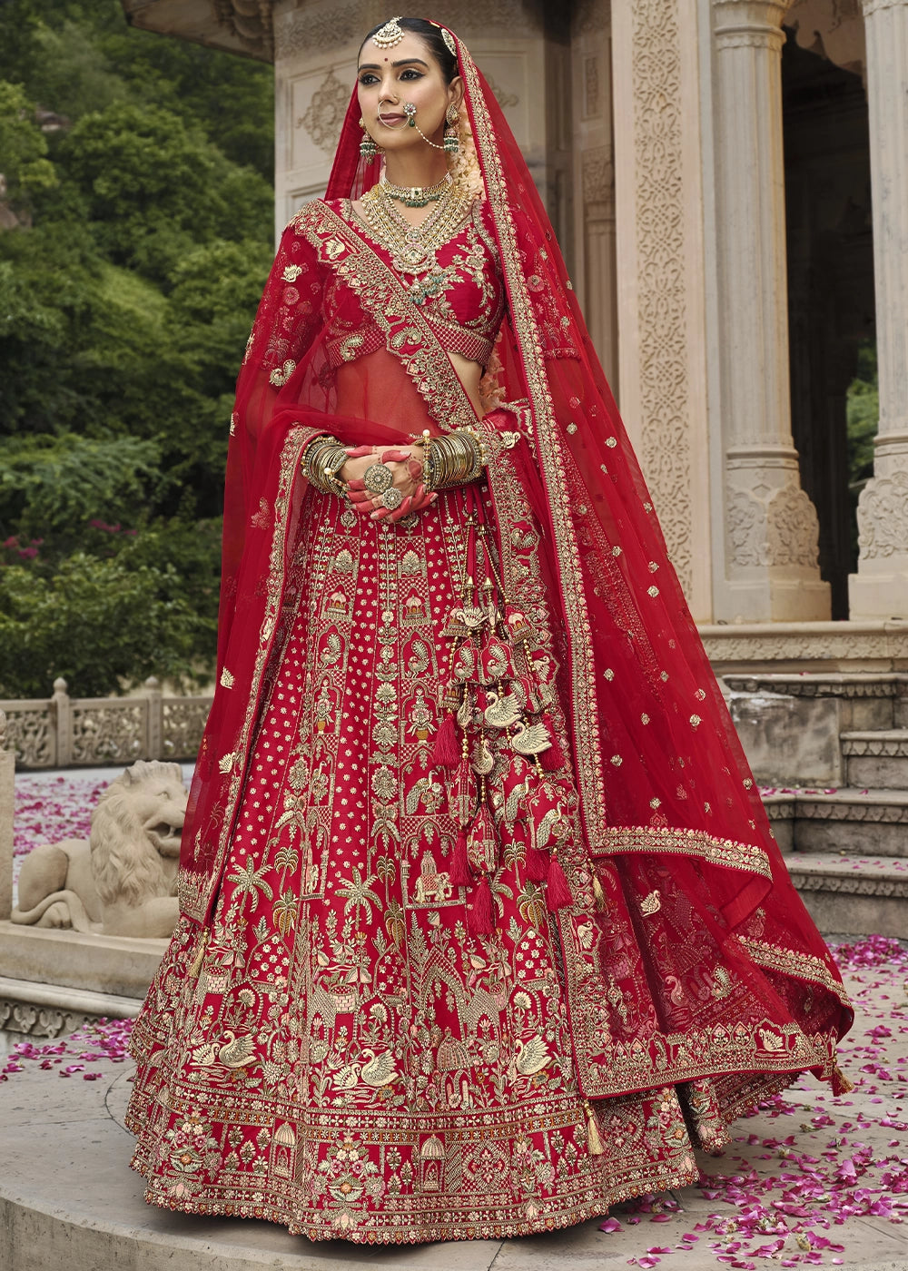 Red- Embroidery, Sequence, Thread Work Bridal Semi Stitched Lehenga ...